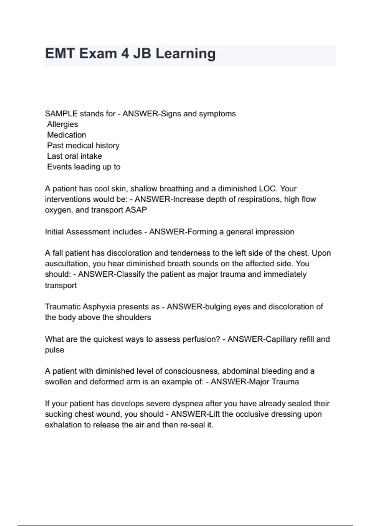 EMT Exam 4 JB Learning questions and answers - EMT Exm 4 JB Learning ...