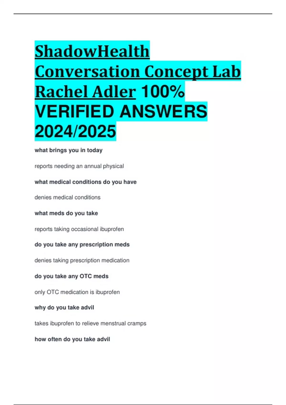 BEST ANSWERS ShadowHealth Conversation Concept Lab Rachel Adler 100% ...