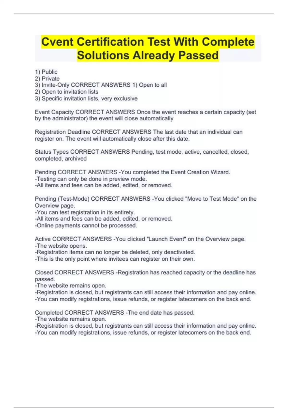 Cvent Certification Test With Complete Solutions Already Passed - Cvent ...