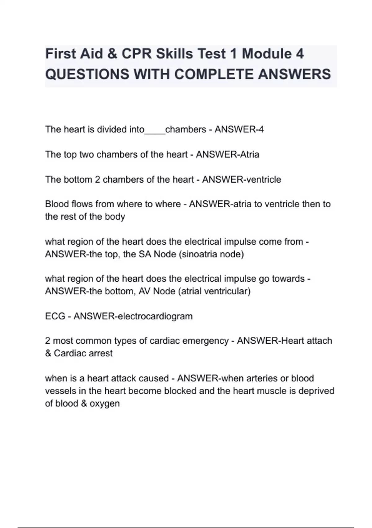 First Aid & CPR Skills Test 1 Module 4 QUESTIONS WITH COMPLETE ANSWERS ...