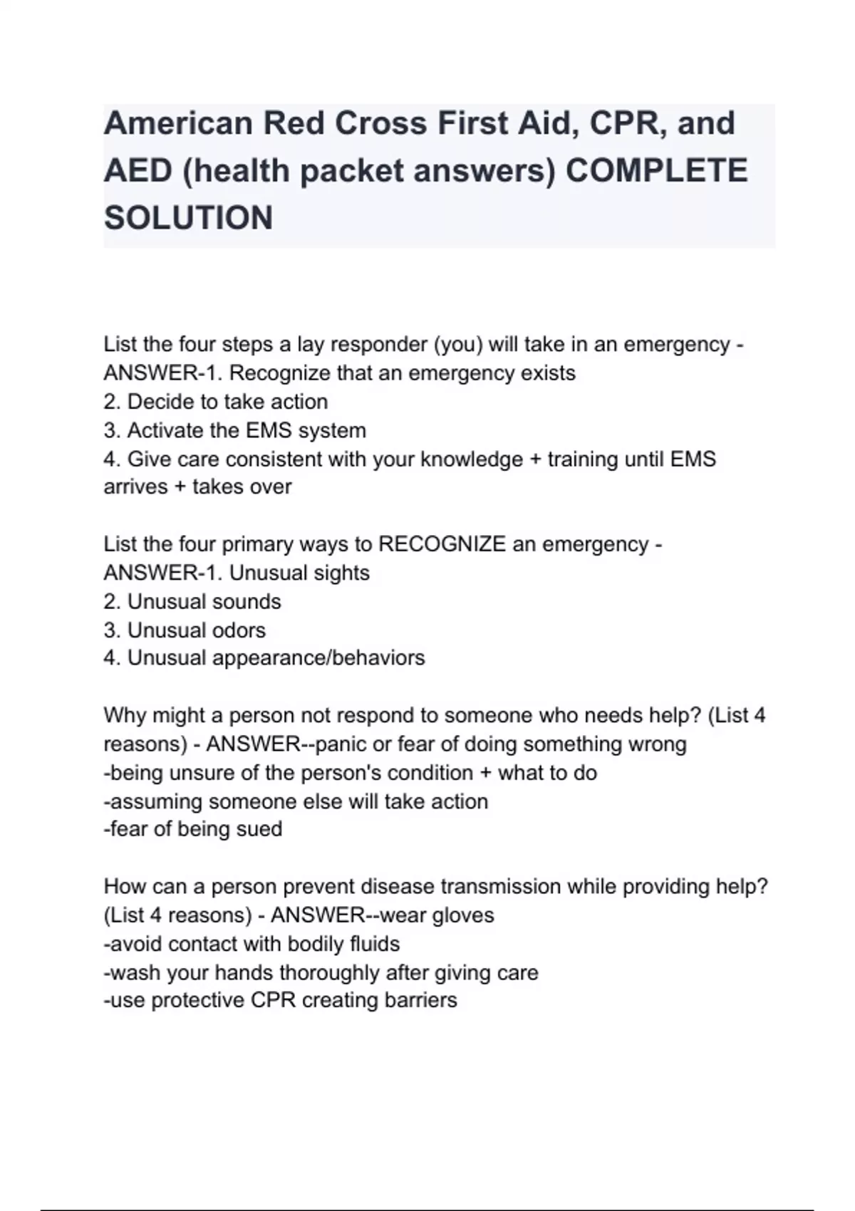 American Red Cross First Aid, CPR, and AED (health packet answers ...