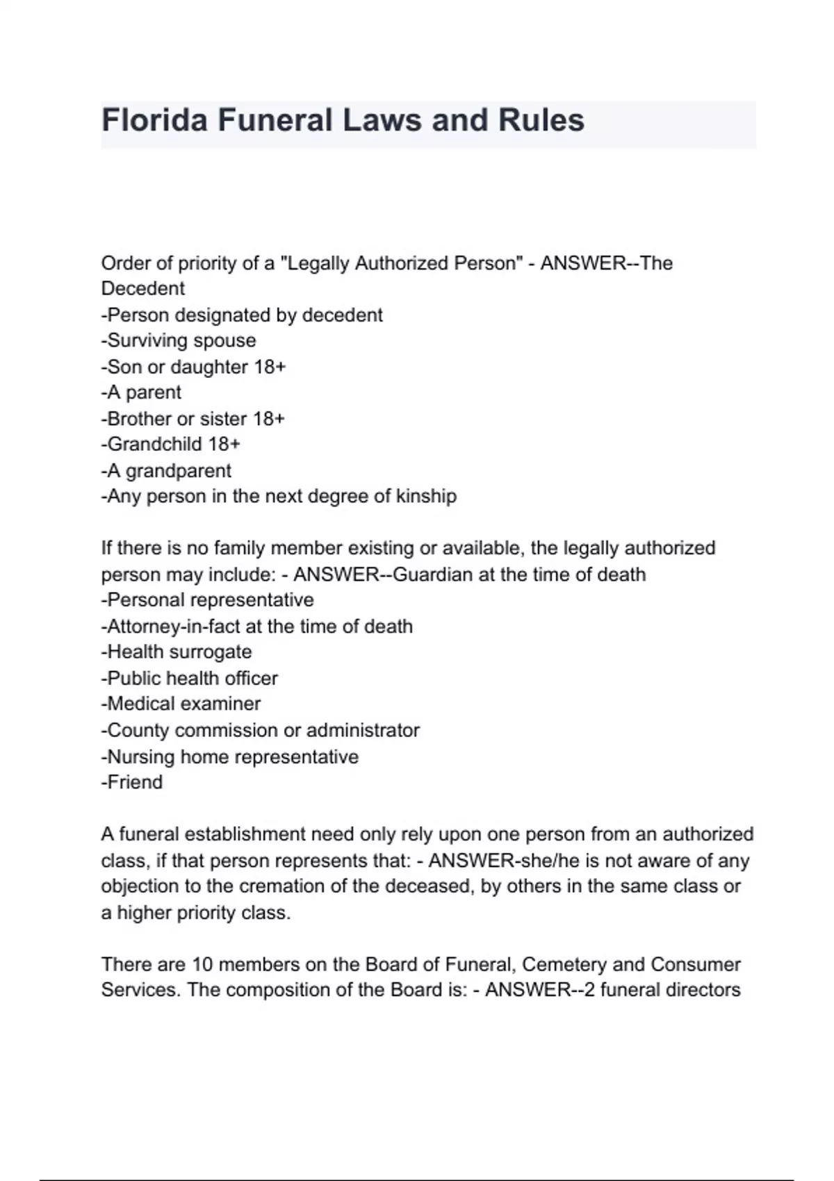Florida Funeral Laws and Rules Exam 2024 with complete solution - Stuvia US
