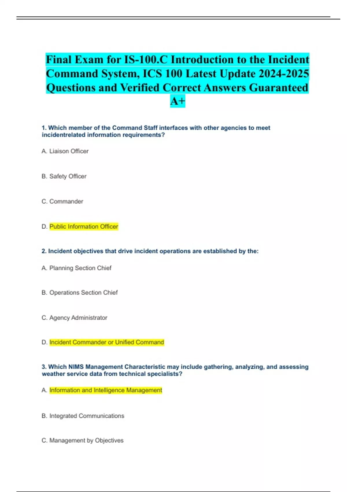 Final Exam For IS 100 C Introduction To The Incident Command System Final Exam For IS 100 C Introduction To The Incident Command System