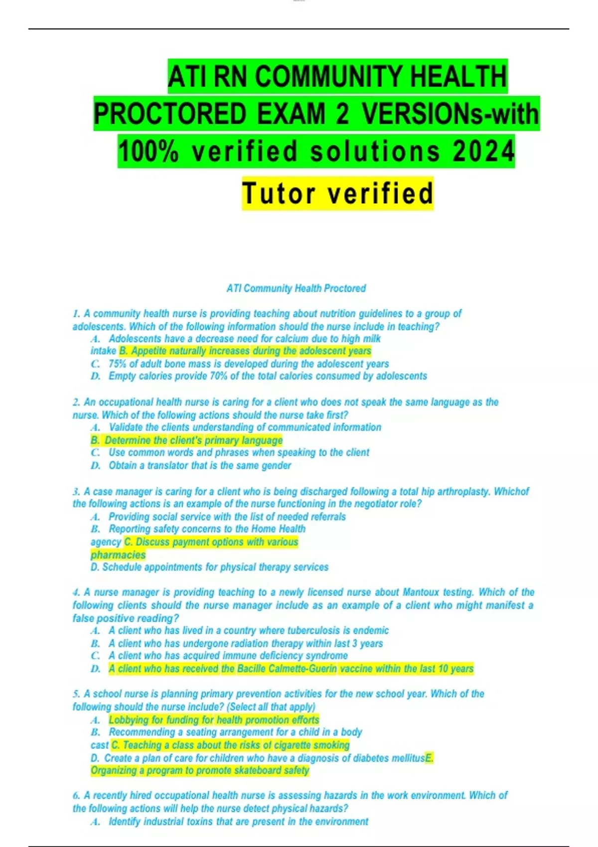 ATI RN COMMUNITY HEALTH PROCTORED EXAM 2 VERSIONs-with 100% verified ...