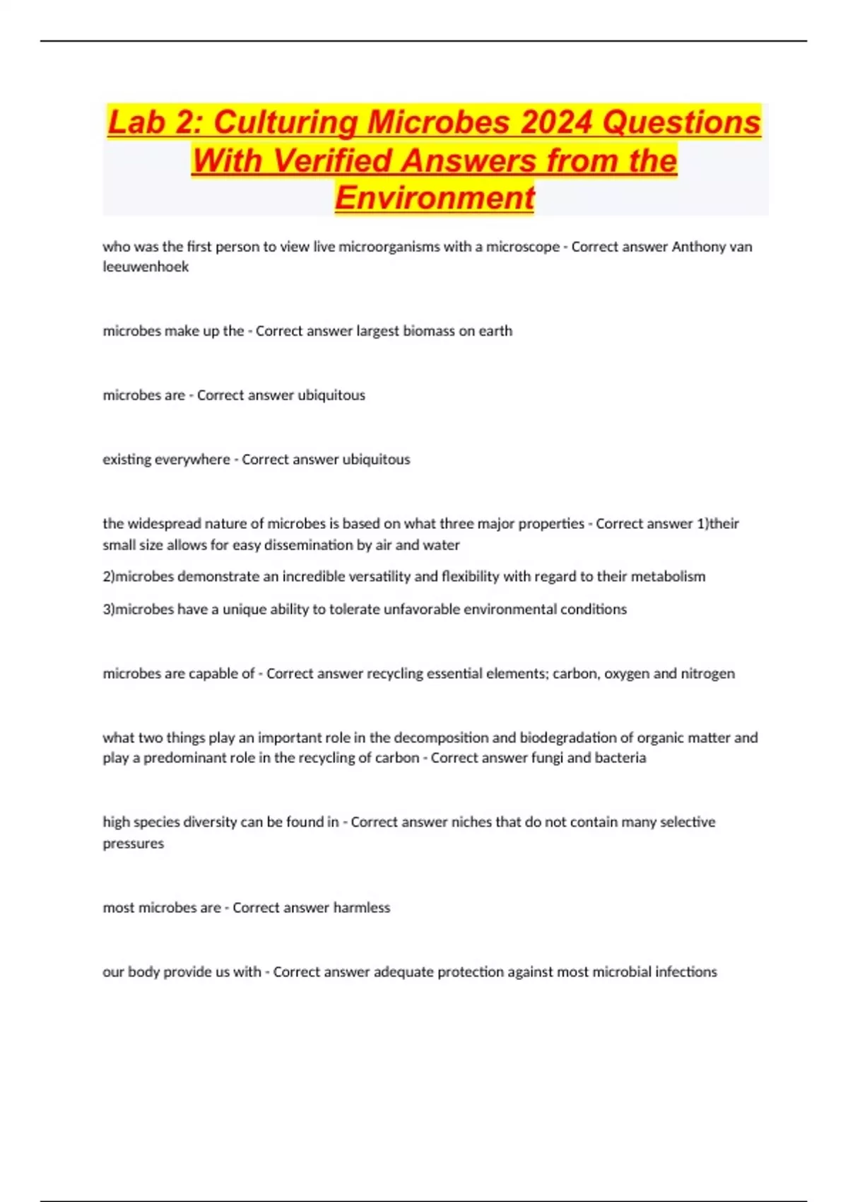 Lab 2: Culturing Microbes 2024 Questions With Verified Answers from the ...