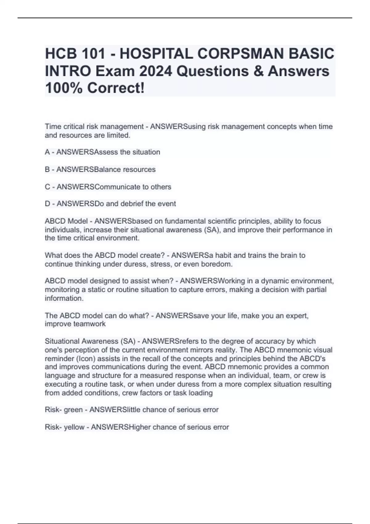 HCB 101 - HOSPITAL CORPSMAN BASIC INTRO Exam 2024 Questions & Answers ...