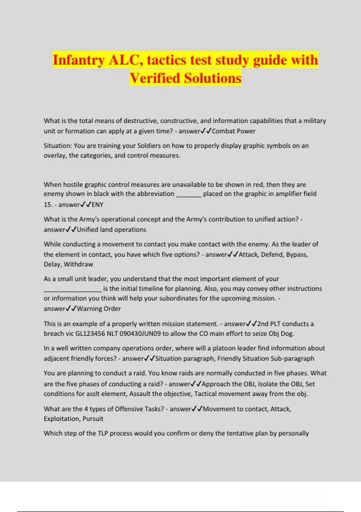 Infantry ALC Bundled Exams 2024/2025 with complete solutions - Stuvia US