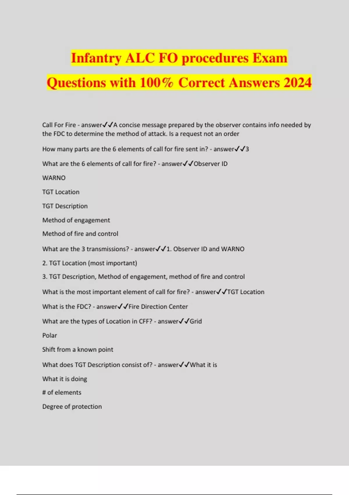 Infantry ALC FO procedures Exam Questions with 100% Correct Answers ...