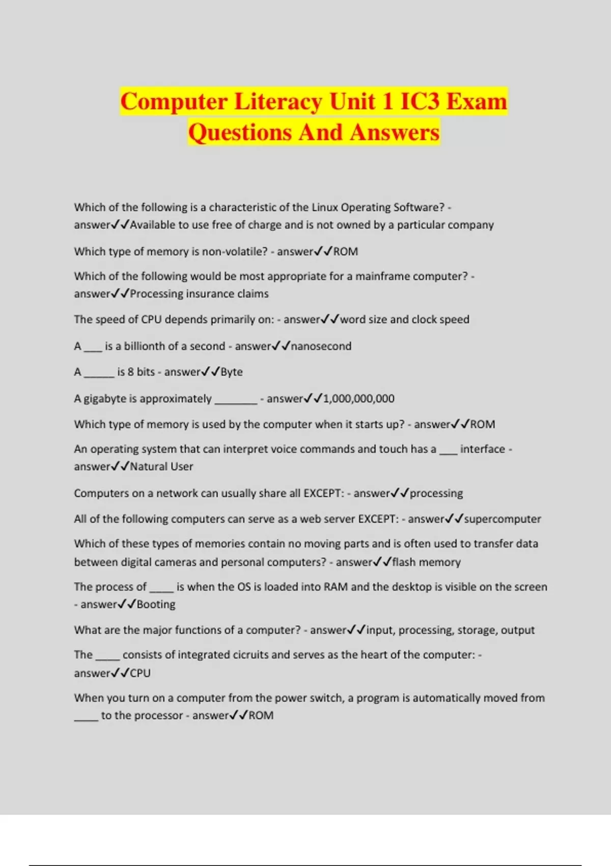 Computer Literacy Unit 1 IC3 Exam Questions And Answers - IC3 - Stuvia US