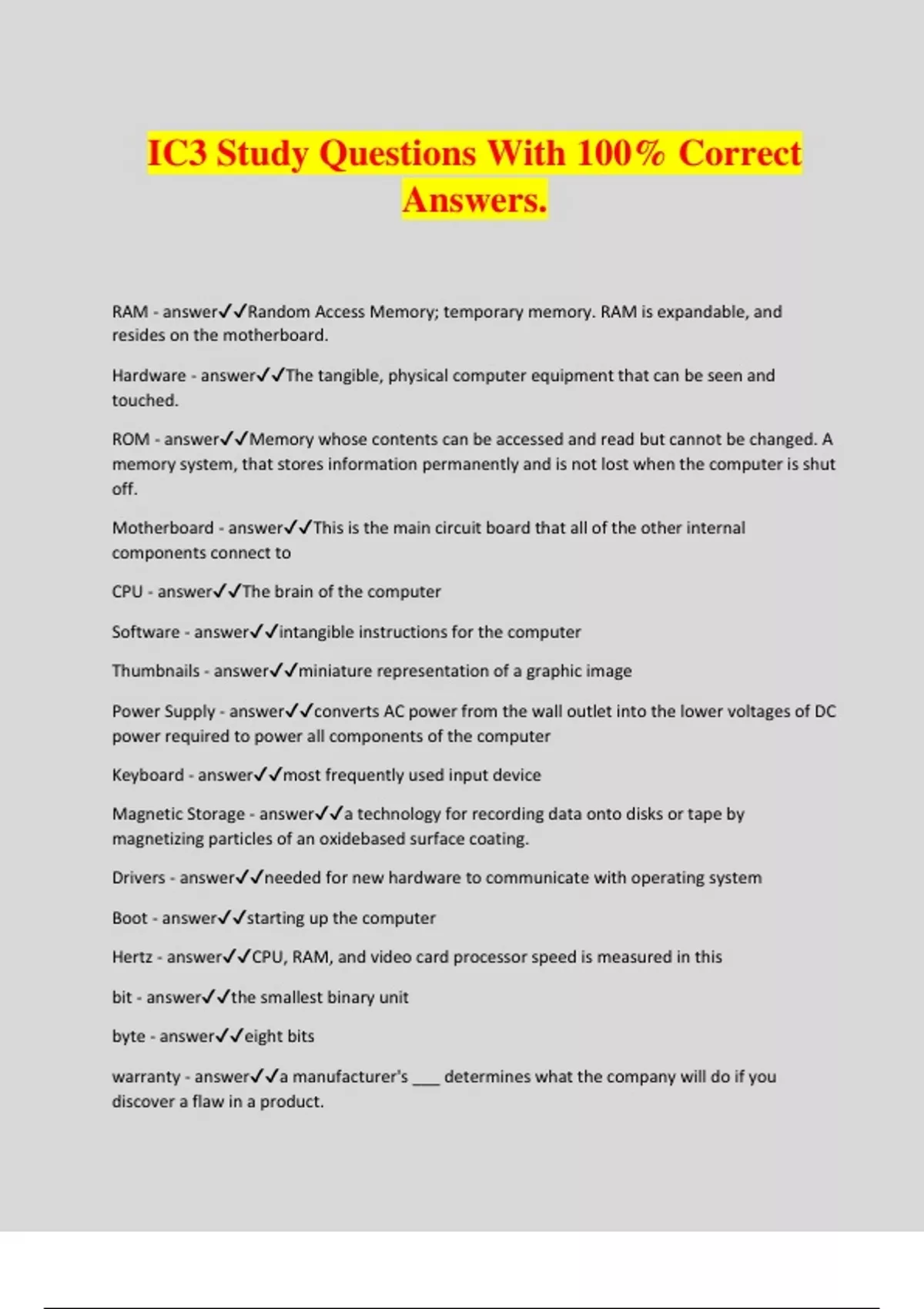 IC3 Study Questions With 100% Correct Answers. - IC3 - Stuvia US