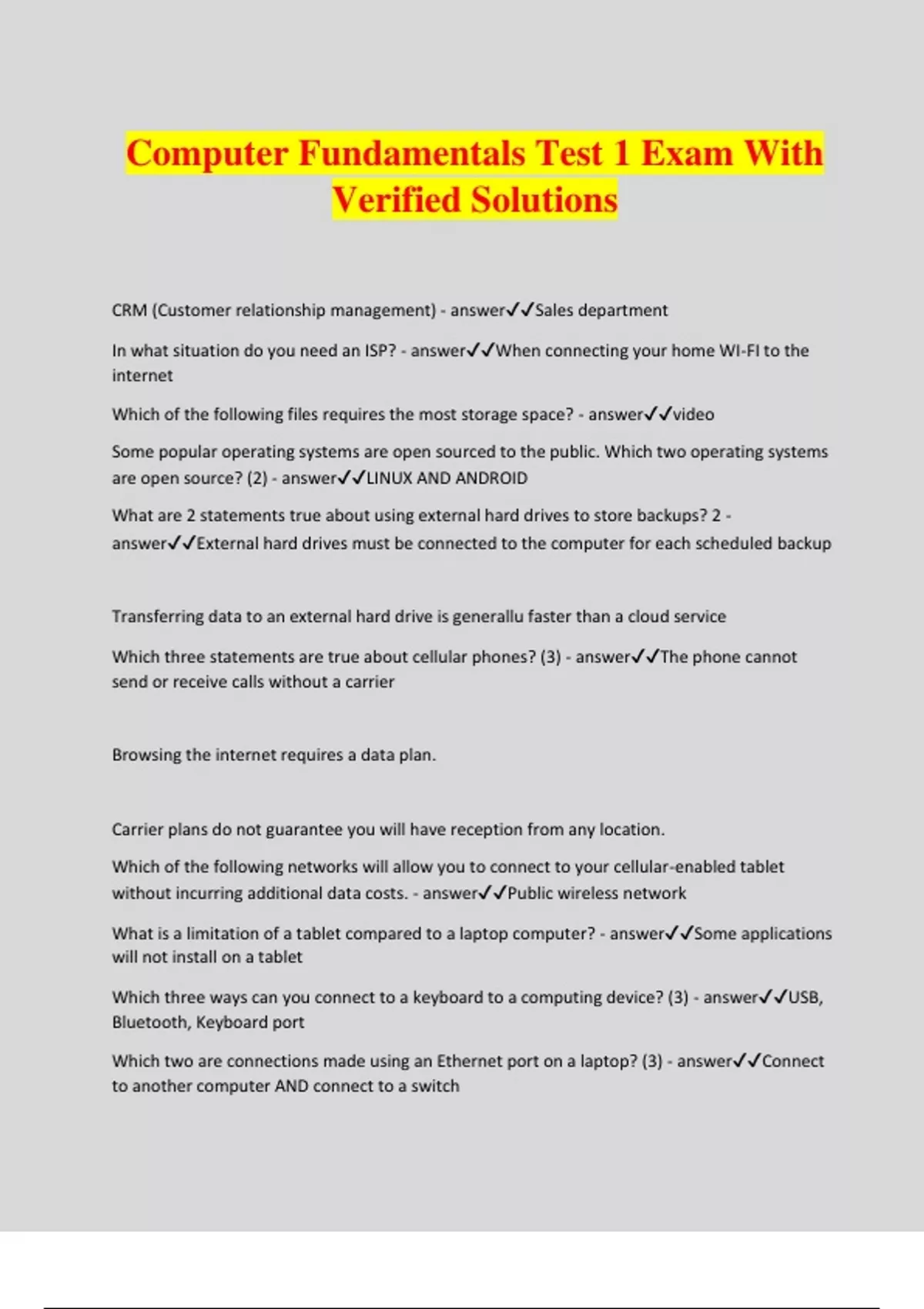 Computer Fundamentals Test 1 Exam With Verified Solutions - IC3 - Stuvia US