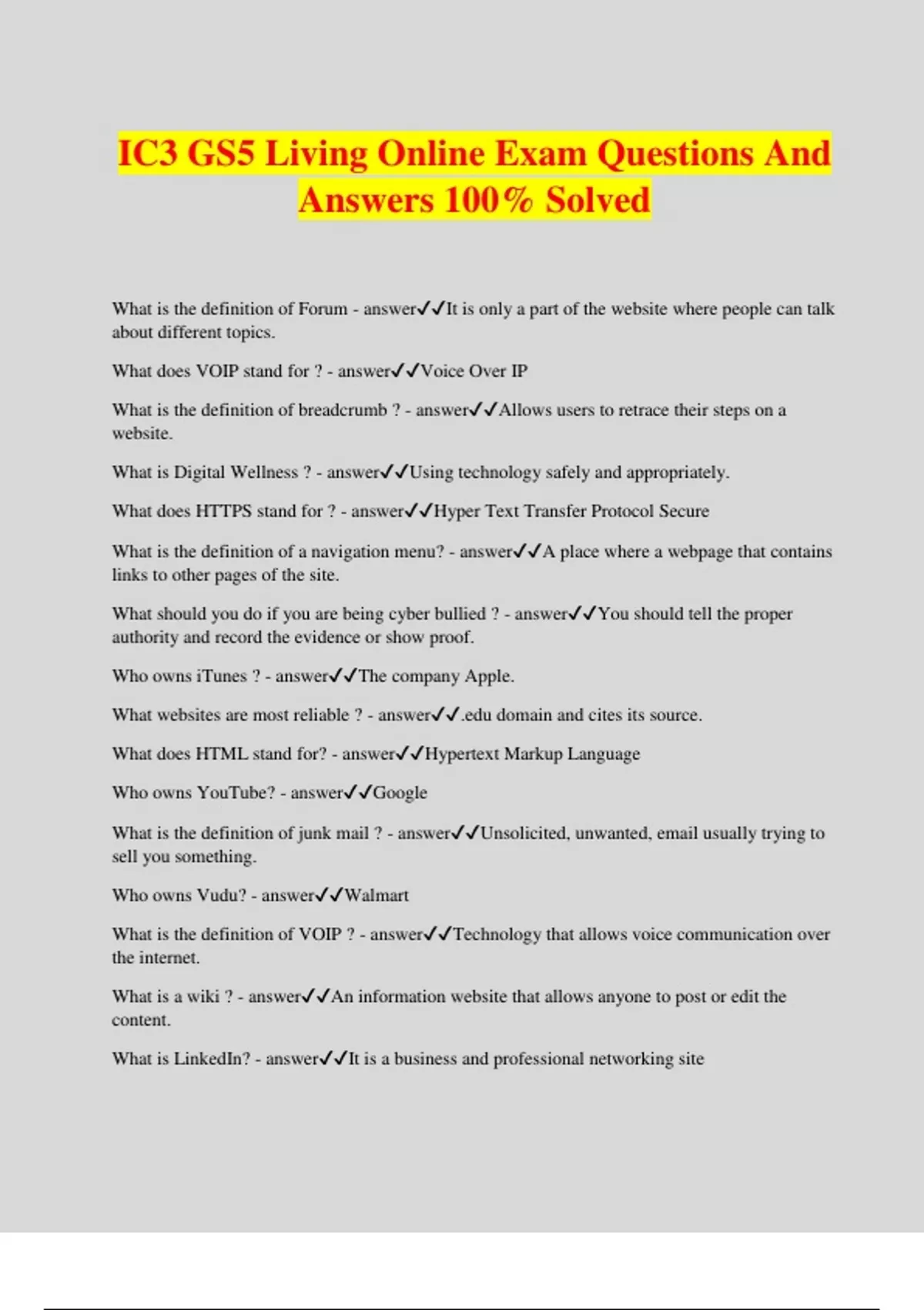 IC3 GS5 Living Online Exam Questions And Answers 100% Solved - IC3 ...