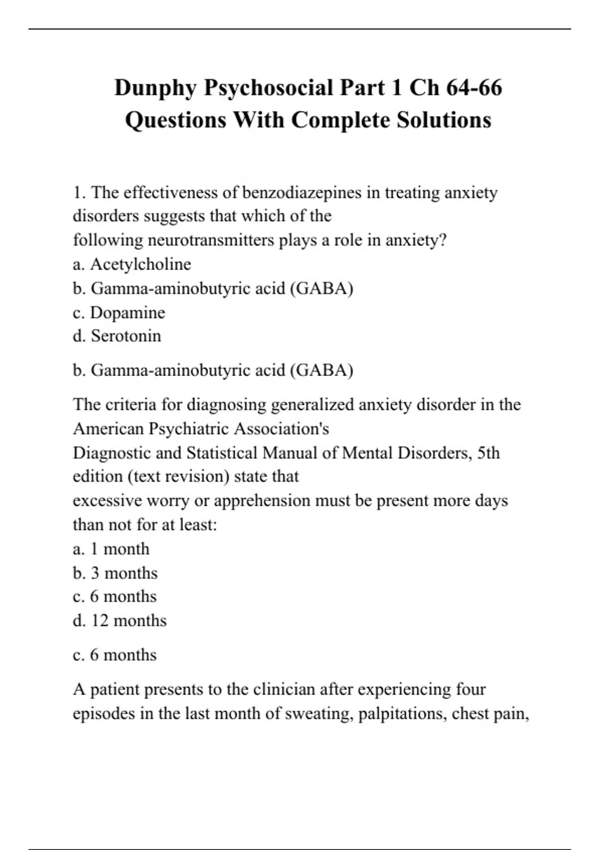 Dunphy Psychosocial Part 1 Ch 64-66 Questions With Complete Solutions ...