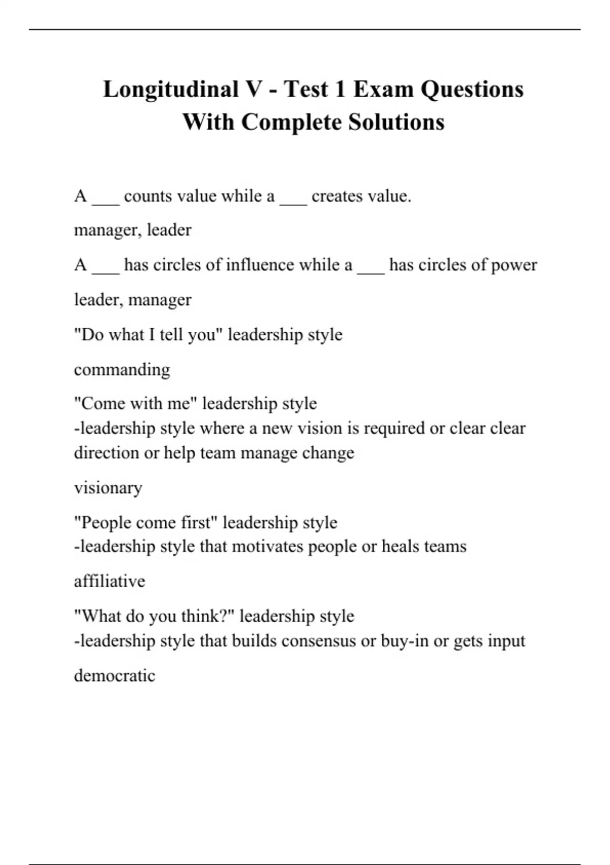 Longitudinal V - Test 1 Exam Questions With Complete Solutions ...