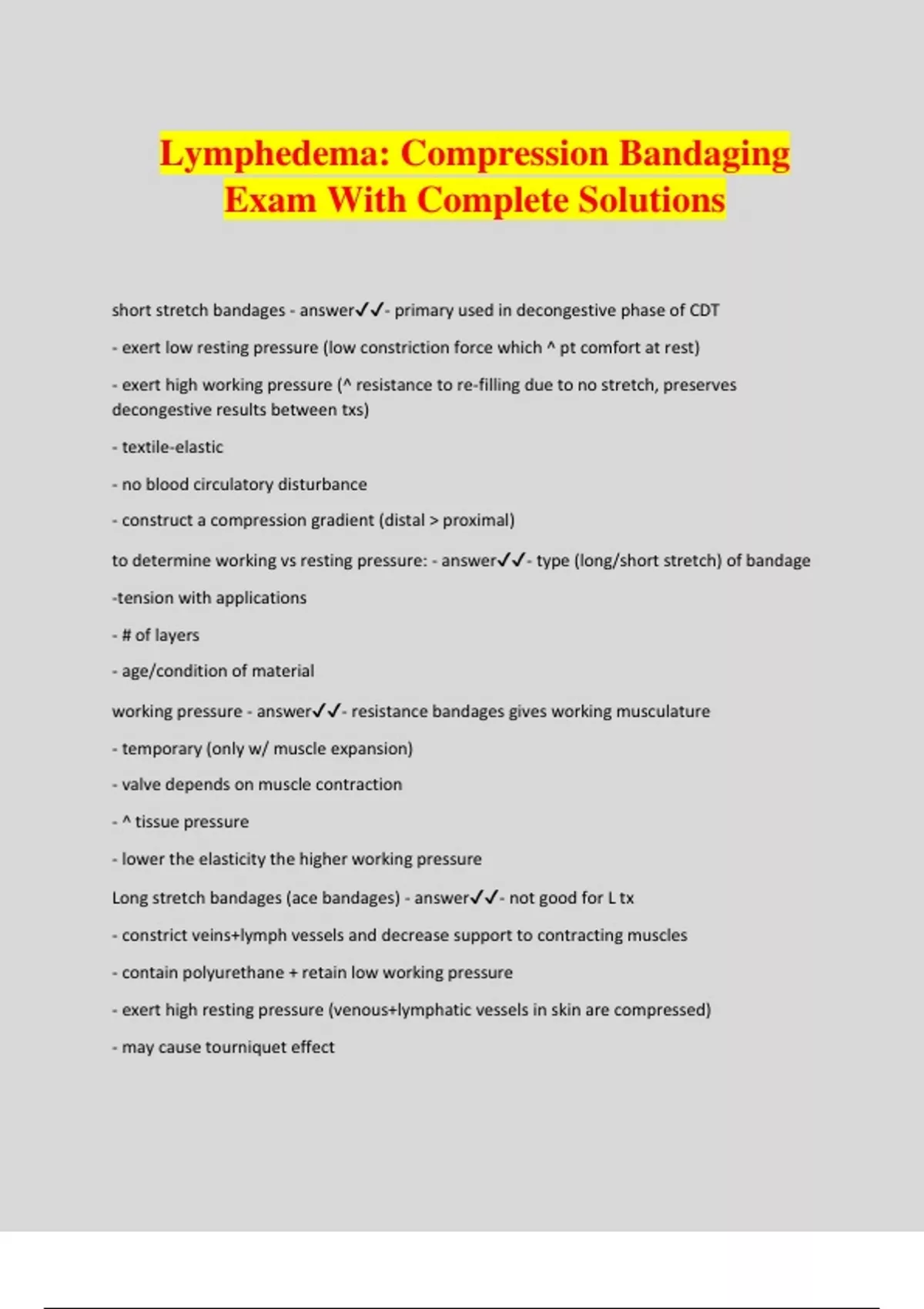 Lymphedema: Compression Bandaging Exam With Complete Solutions ...