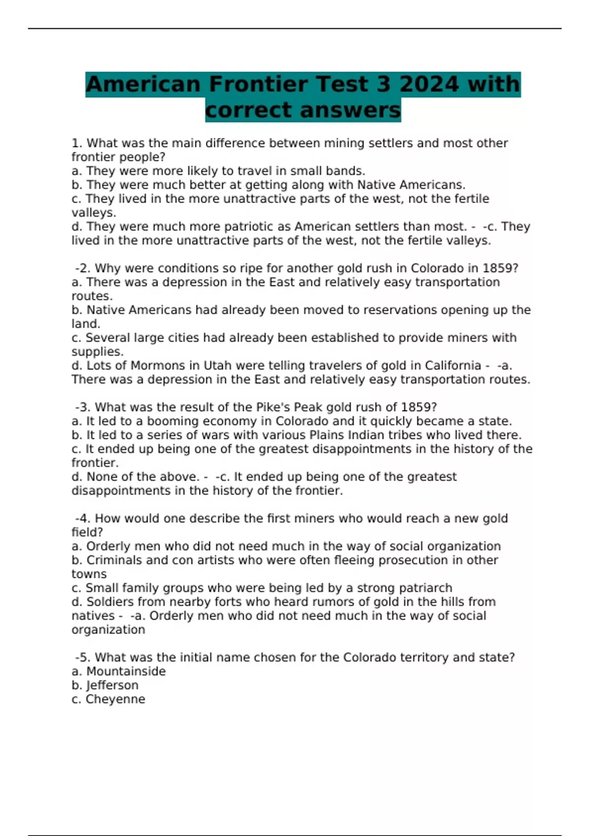 American Frontier Test 3 2024 with correct answers - American Frontier ...