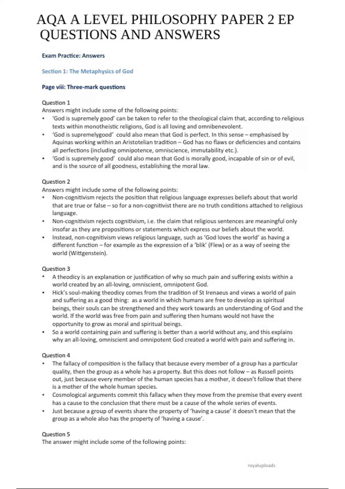 AQA A LEVEL PHILOSOPHY PAPER 2 EP QUESTIONS AND ANSWERS - AQA A LEVEL ...