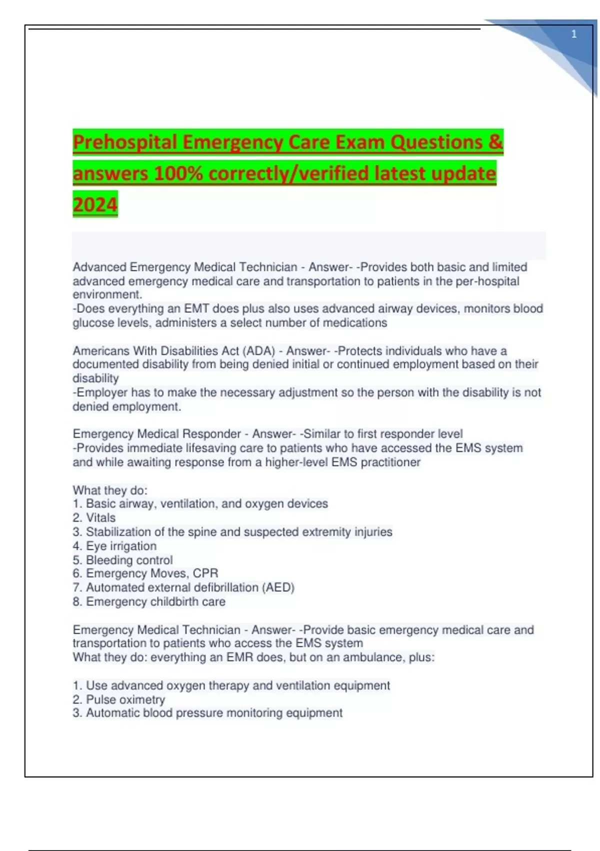 Prehospital Emergency Care Exam Questions & answers 100% correctly ...