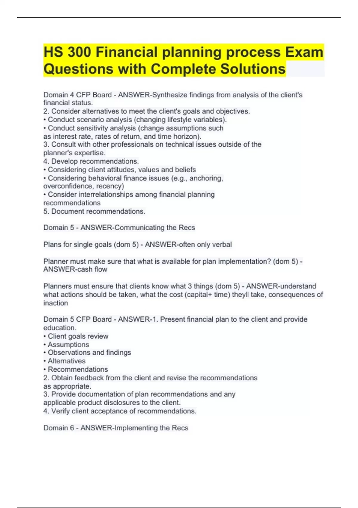 HS 300 Financial planning process Exam Questions with Complete ...