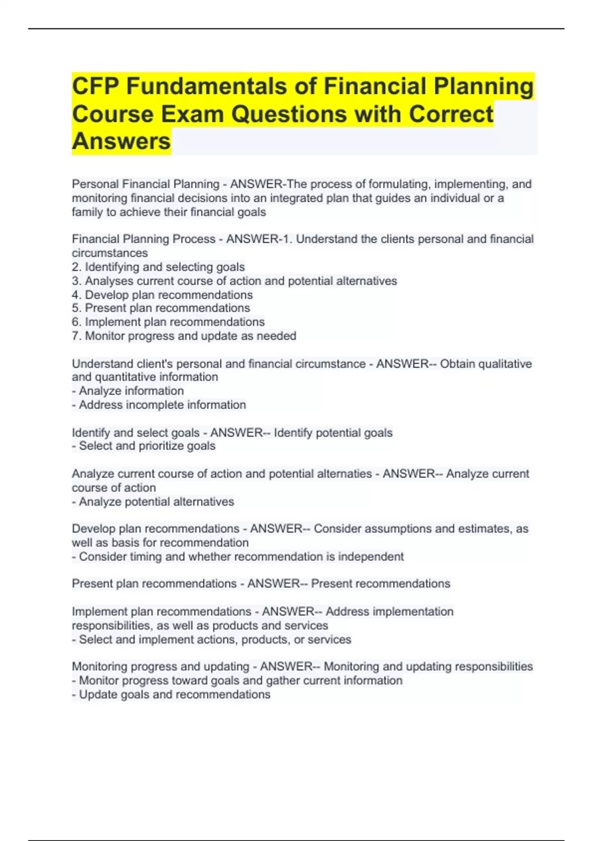 CFP Fundamentals of Financial Planning Course Exam Questions with Correct Answers - CFP ...