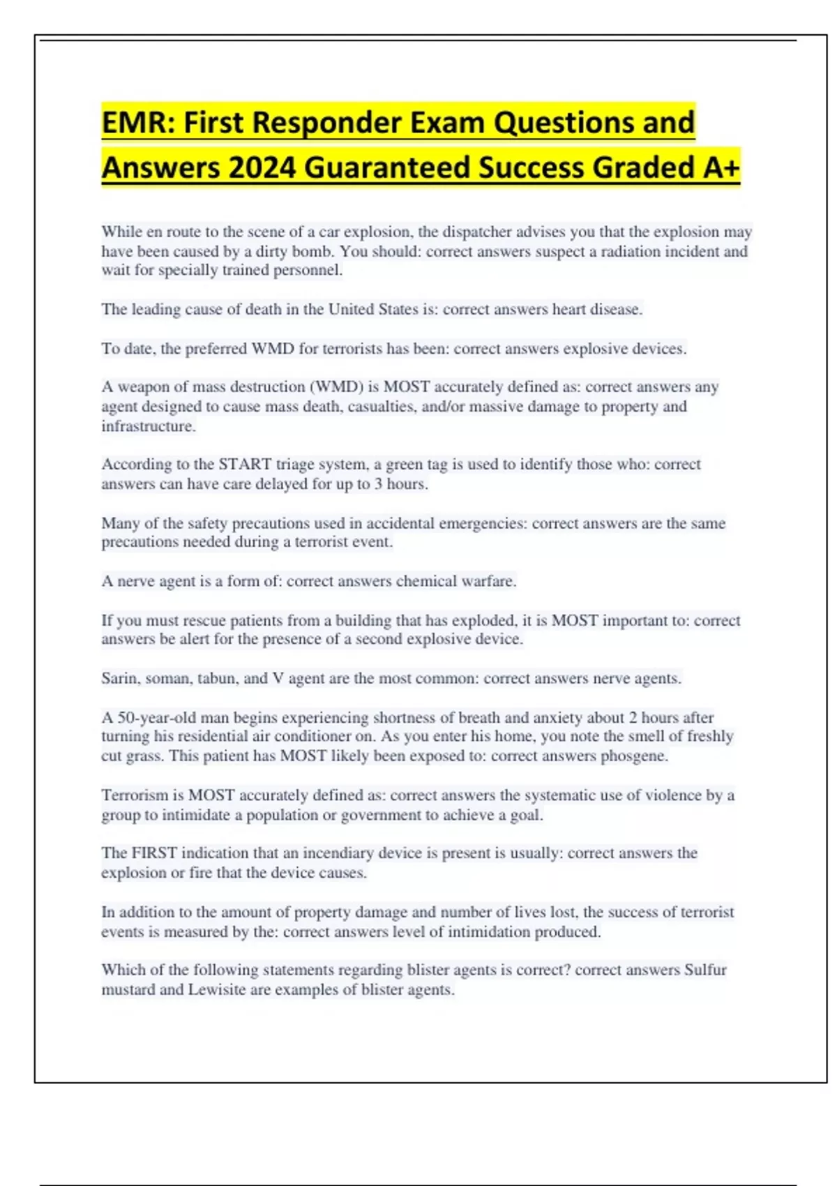 EMR First Responder Exam Questions and Answers 2024 - EMT / - Stuvia US