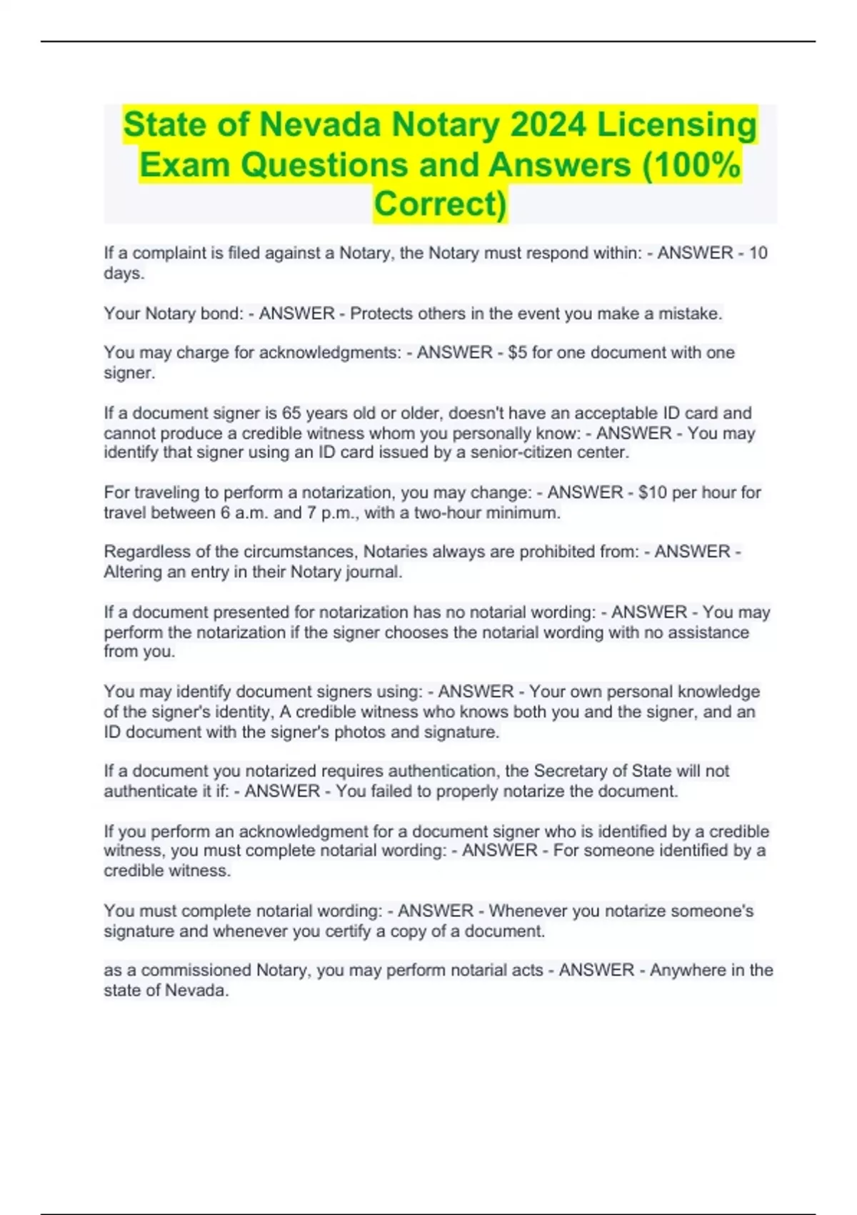 State of Nevada Notary 2024 Licensing Exam Questions and Answers (100% ...