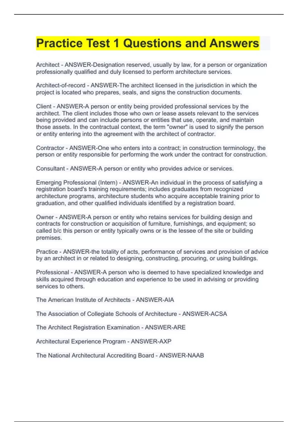 Practice Test 1 Questions and Answers - NCARB - National Council of ...