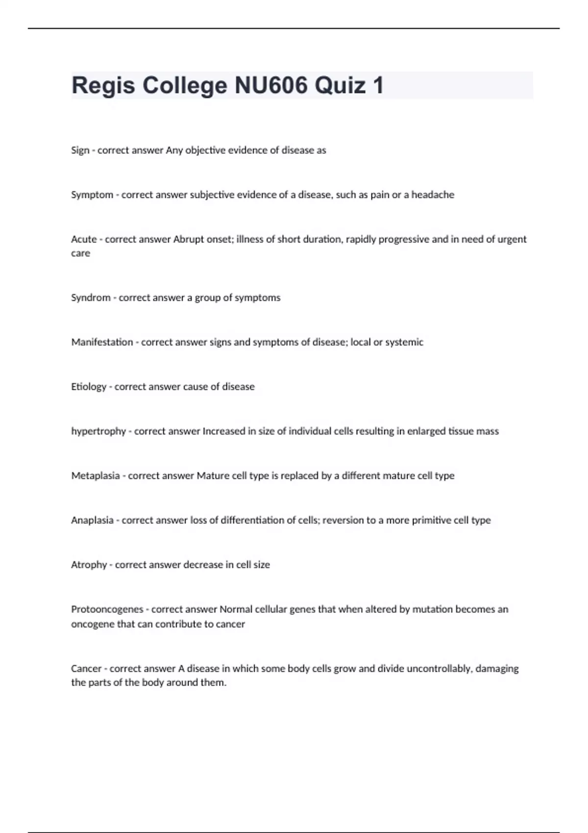 Regis College NU606 Quiz 1 Study Guide Exam. - REGIS. - Stuvia US