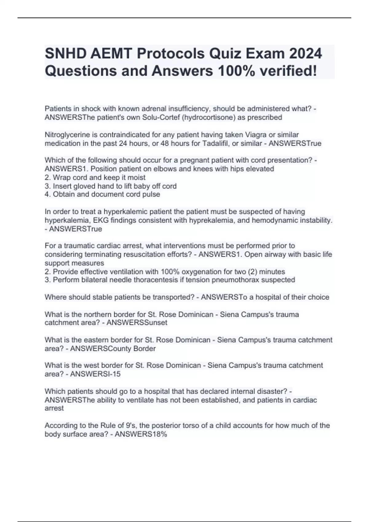 SNHD AEMT Protocols Quiz Exam 2024 Questions and Answers 100% verified ...