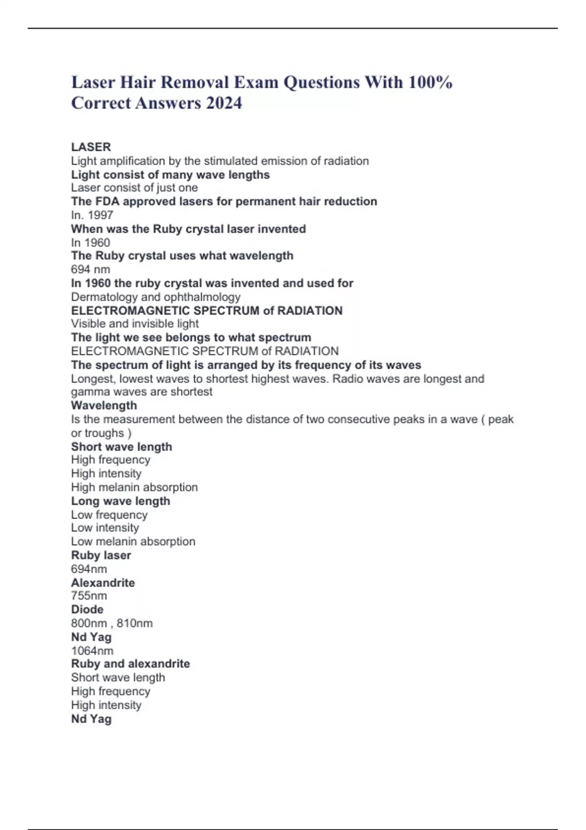 Laser Hair Removal Exam Questions With 100% Correct Answers 2024 ...