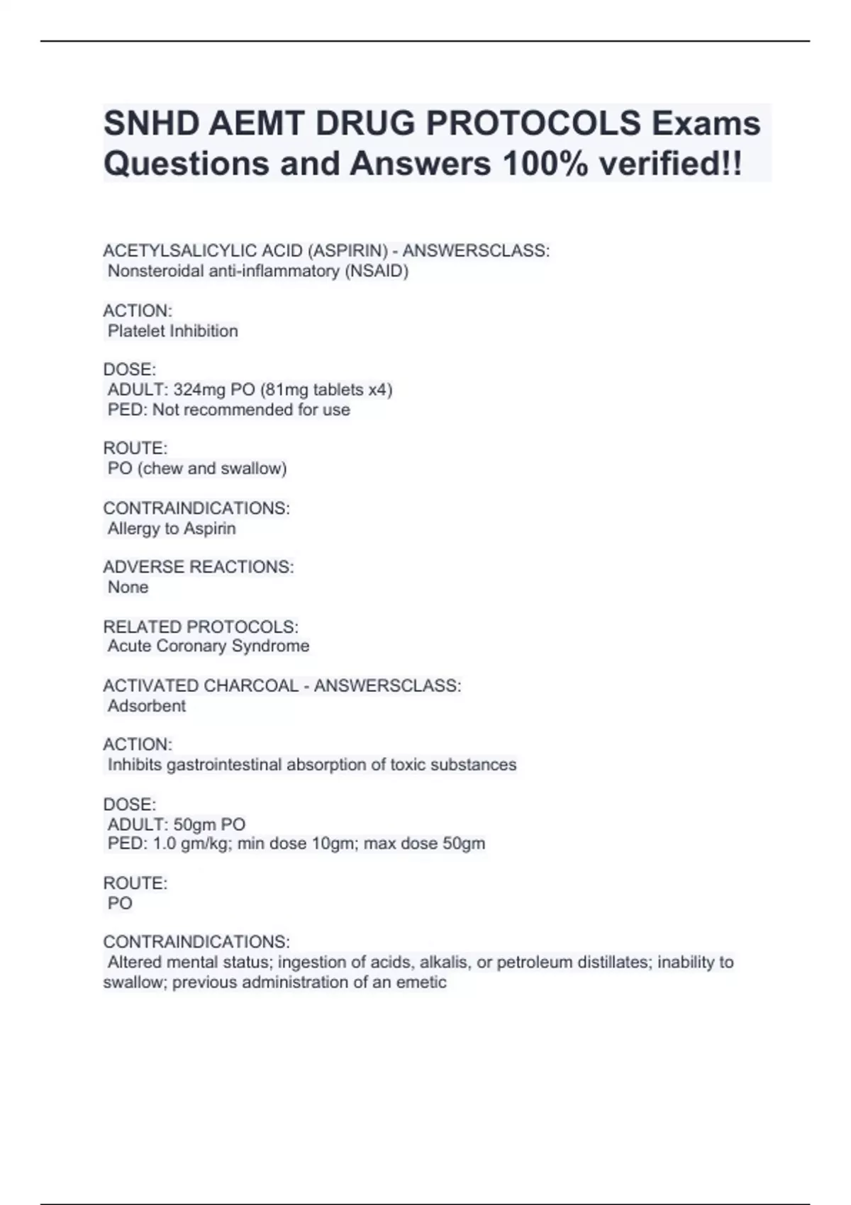 SNHD AEMT DRUG PROTOCOLS Exams Questions and Answers 100% verified ...