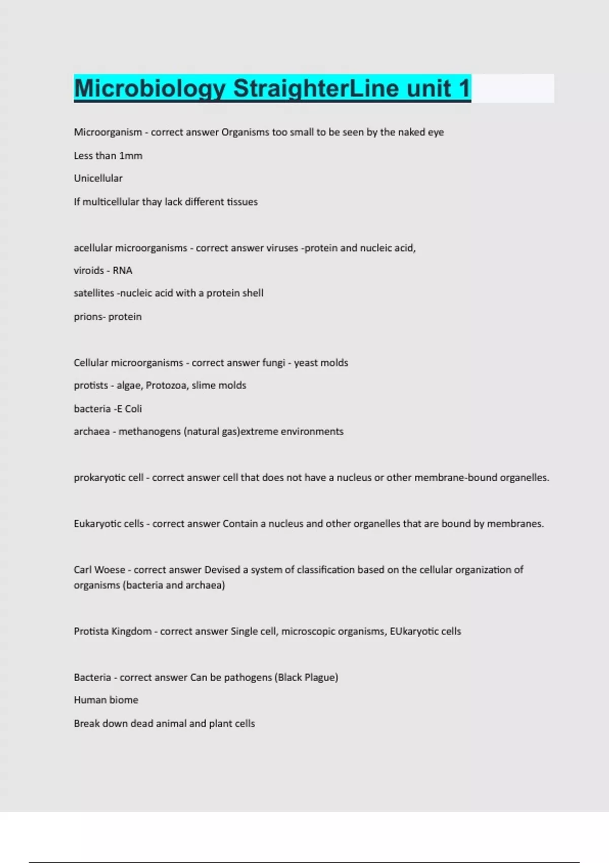 Microbiology StraighterLine unit Questions and answers latest update ...