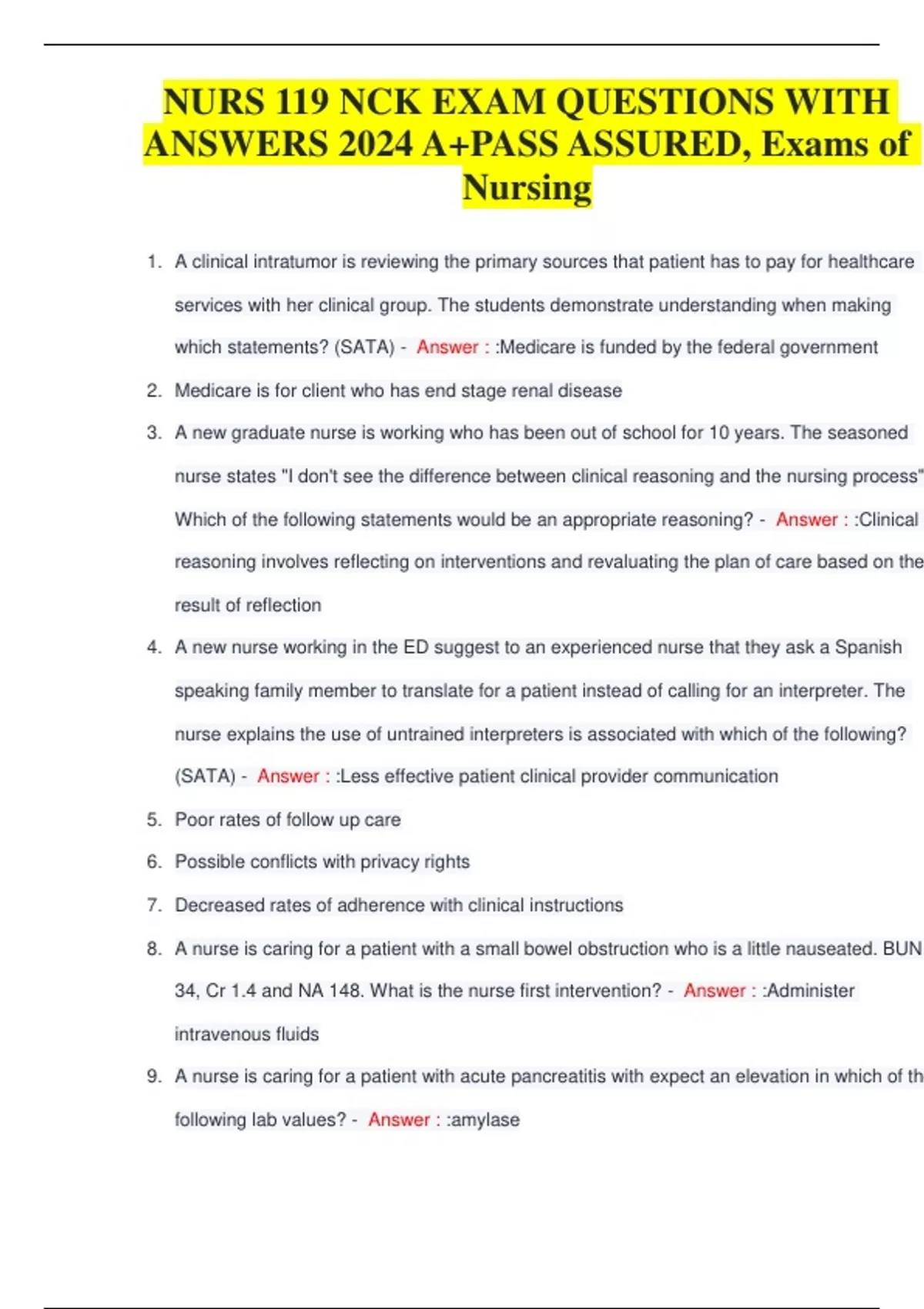 NURS 119 NCK EXAM QUESTIONS WITH ANSWERS 2024 A+PASS ASSURED, Exams of ...