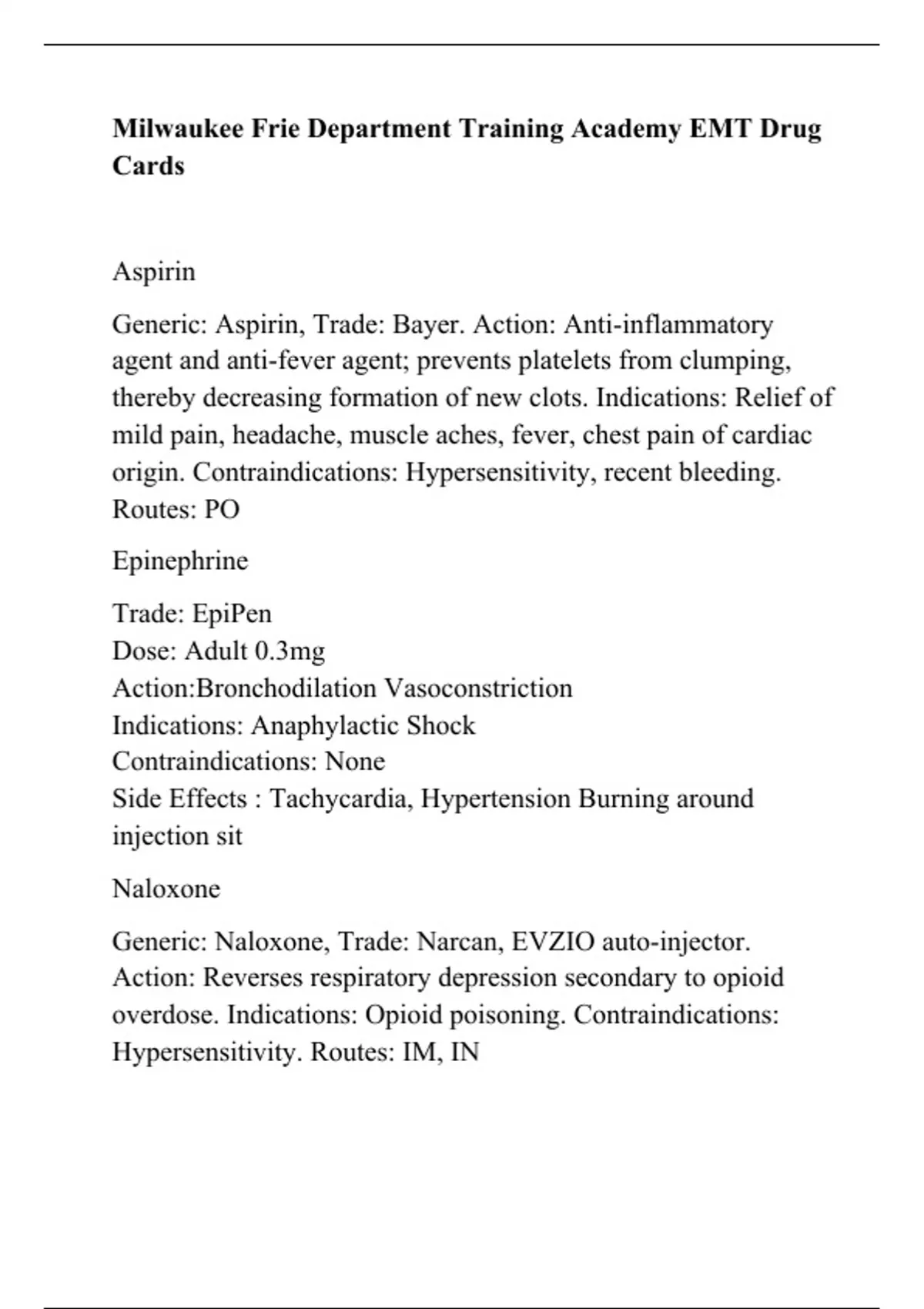 Milwaukee Frie Department Training Academy EMT Drug Cards - Milwaukee ...