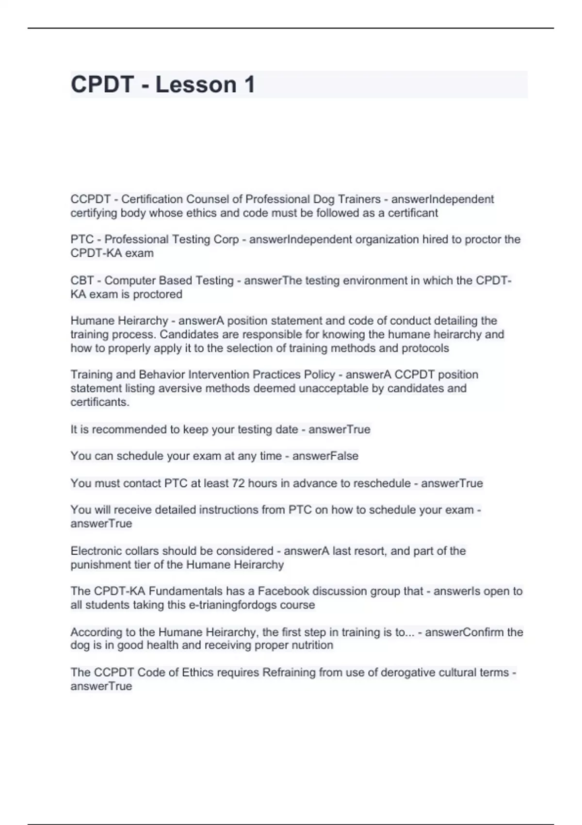 CPDT - Lesson 1 Questions with correct Answers 2024 - CPDT-KA - Stuvia US