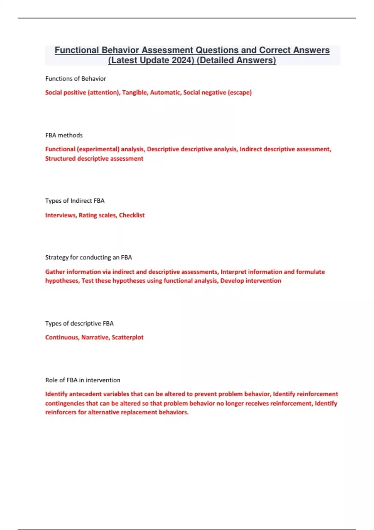Functional Behavior Assessment Questions and Correct Answers (Latest ...