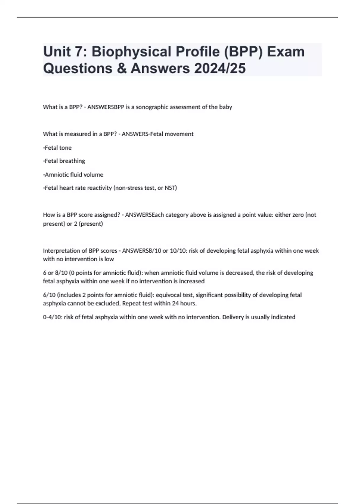 Unit 7: Biophysical Profile (BPP) Exam Questions & Answers 2024/25 - Unit 7: Biophysical Profile ...