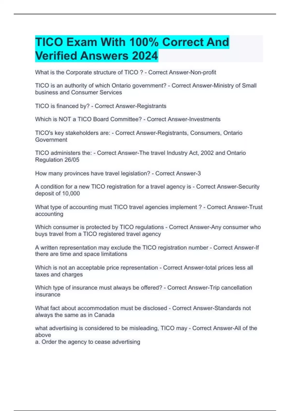 TICO Exam With 100% Correct And Verified Answers 2024 - TICO - Stuvia US