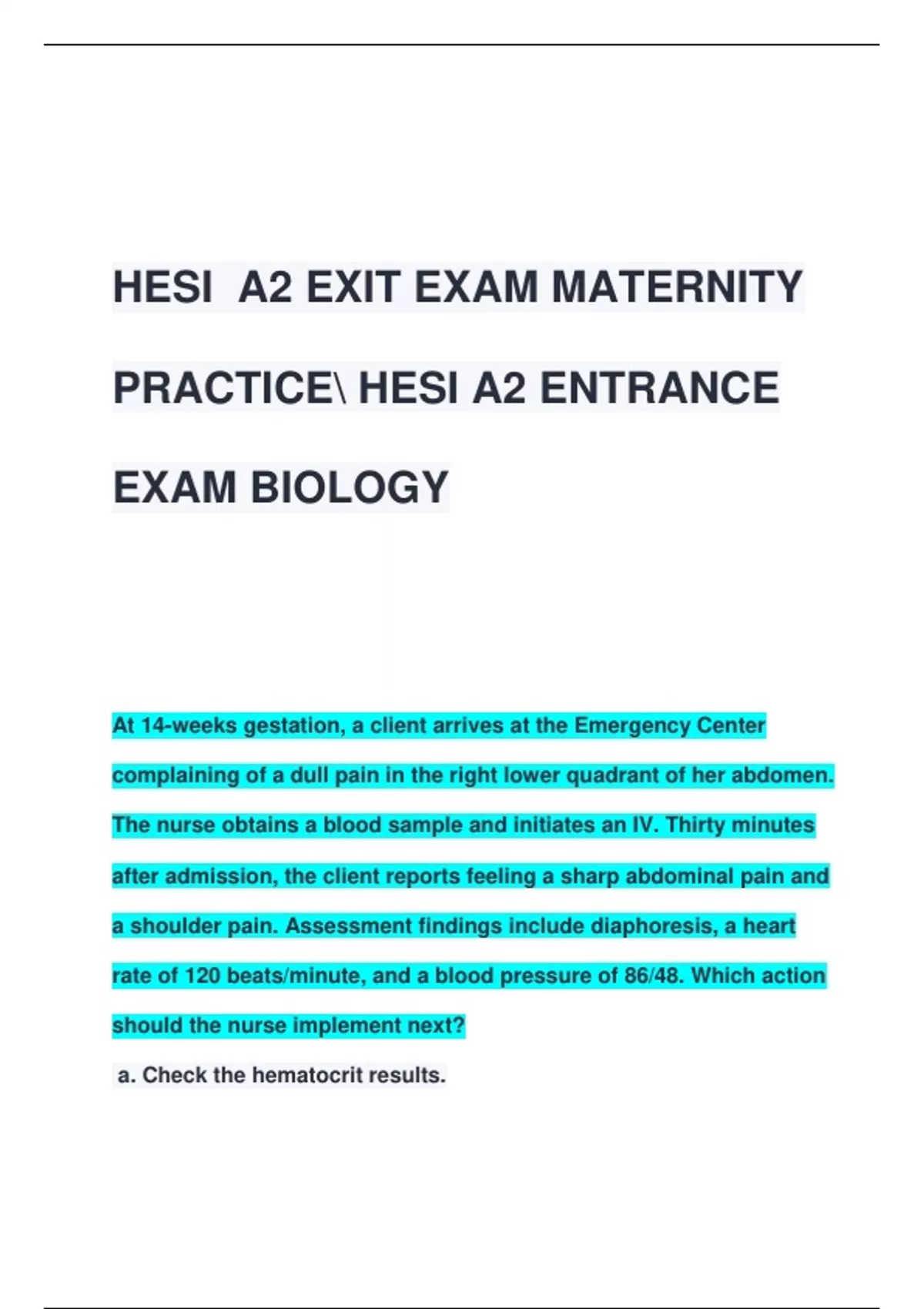 HESI A2 EXIT EXAM MATERNITY PRACTICE HESI A2 ENTRANCE EXAM BIOLOGY ...