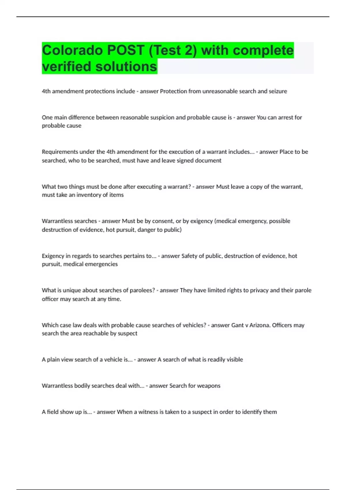 Colorado POST (Test 2) with complete verified solutions - Colorado POST ...