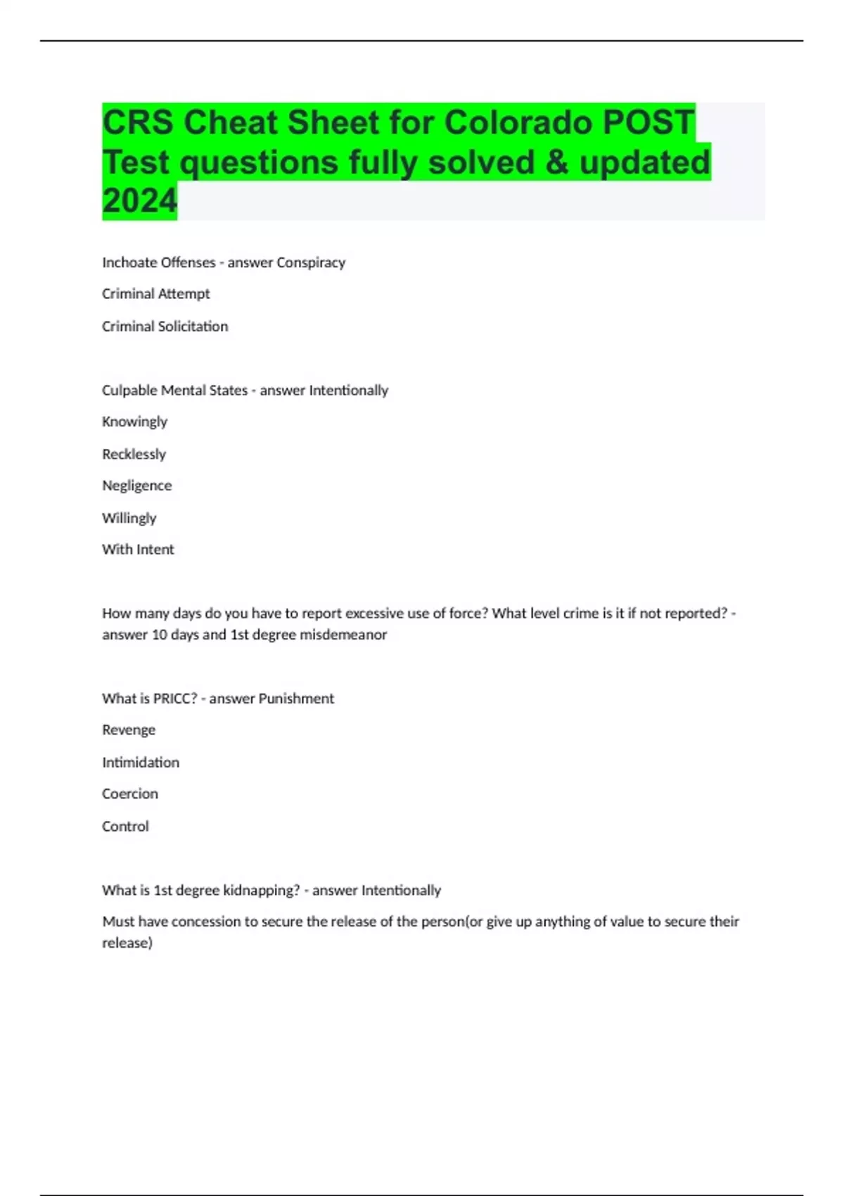 CRS Cheat Sheet for Colorado POST Test questions fully solved & updated ...