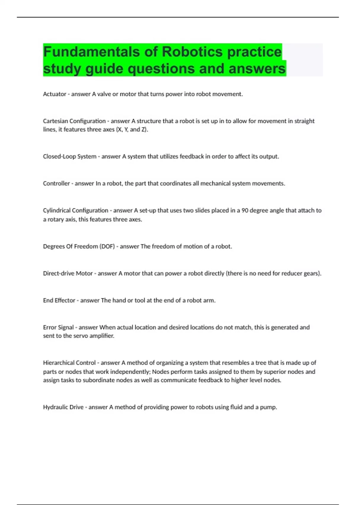 Fundamentals of Robotics practice study guide questions and answers - Robotics - Stuvia US