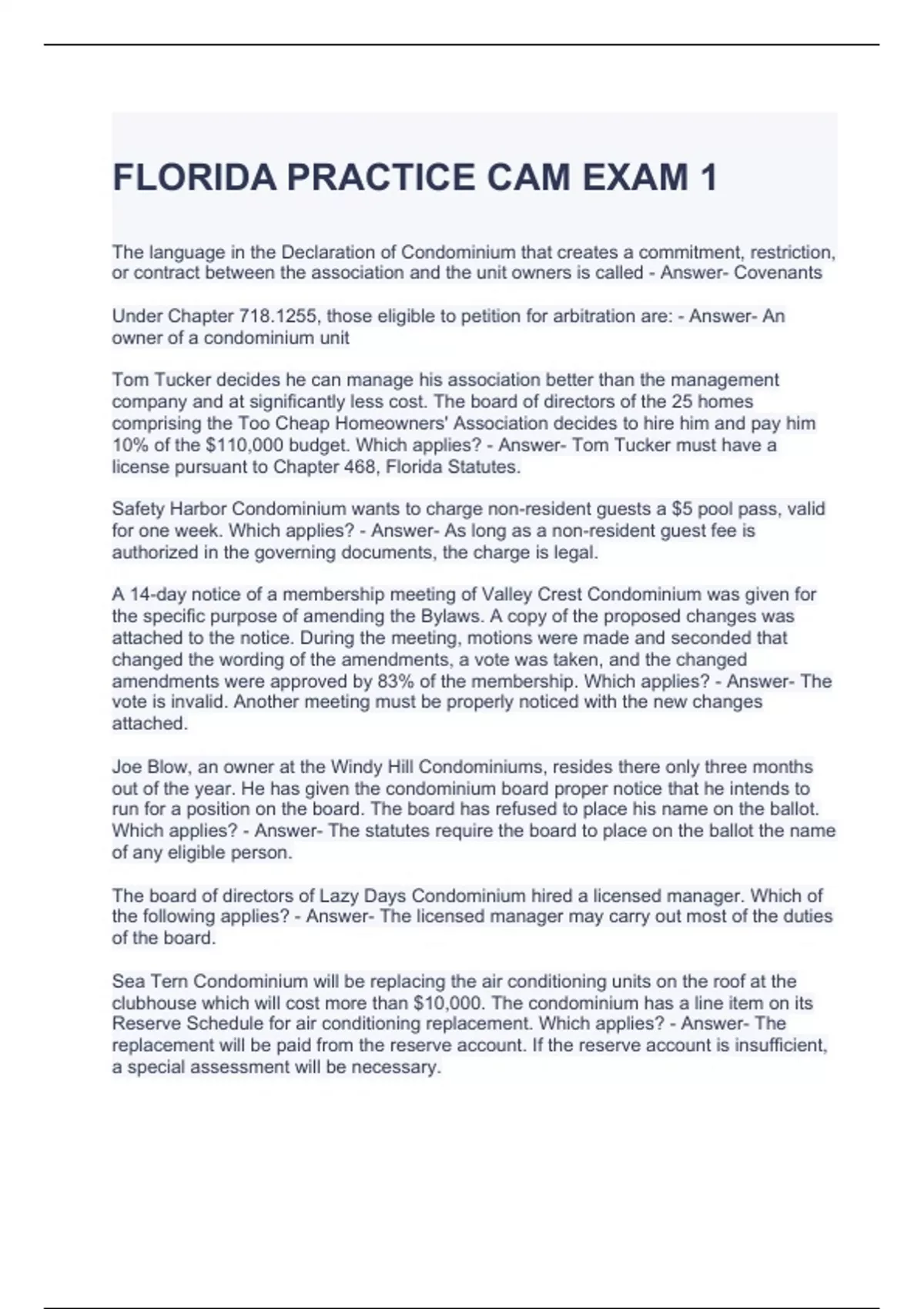 FLORIDA PRACTICE CAM EXAM 1 WITH CORRECT ANSWERS - Florida CAM - Stuvia US