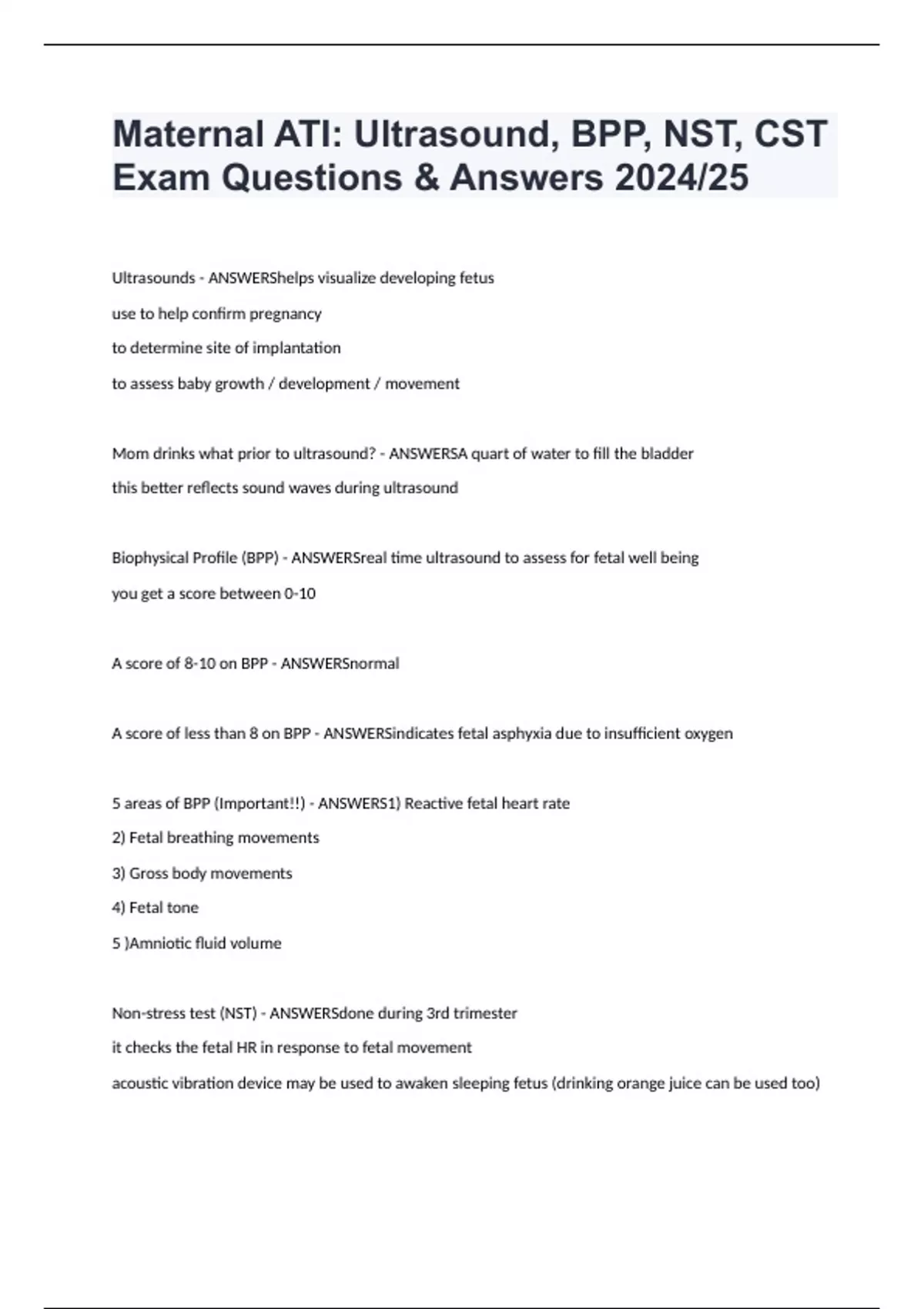 Maternal ATI: Ultrasound, BPP, NST, CST Exam Questions & Answers 2024/25 - Maternal ATI ...
