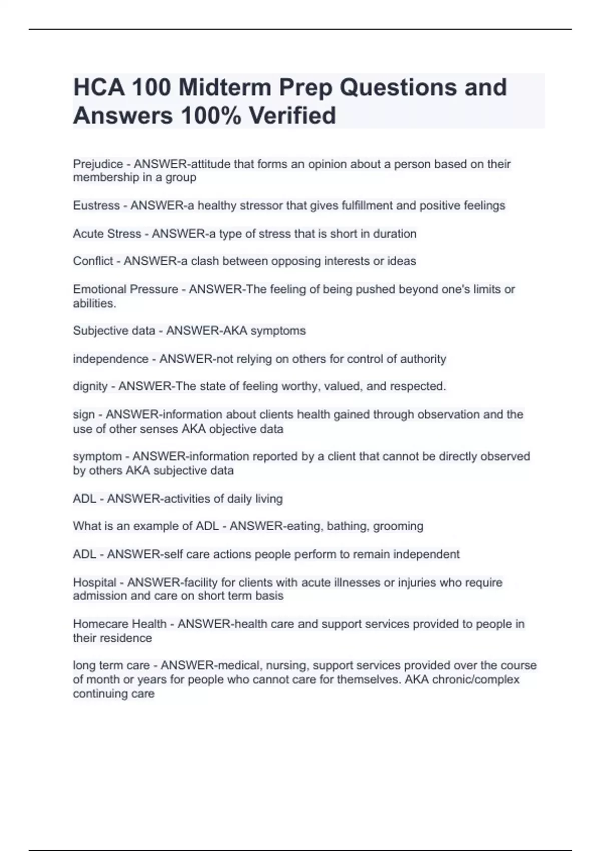 HCA 100 Midterm Prep Questions and Answers 100% Verified - HCA 100 - Stuvia US