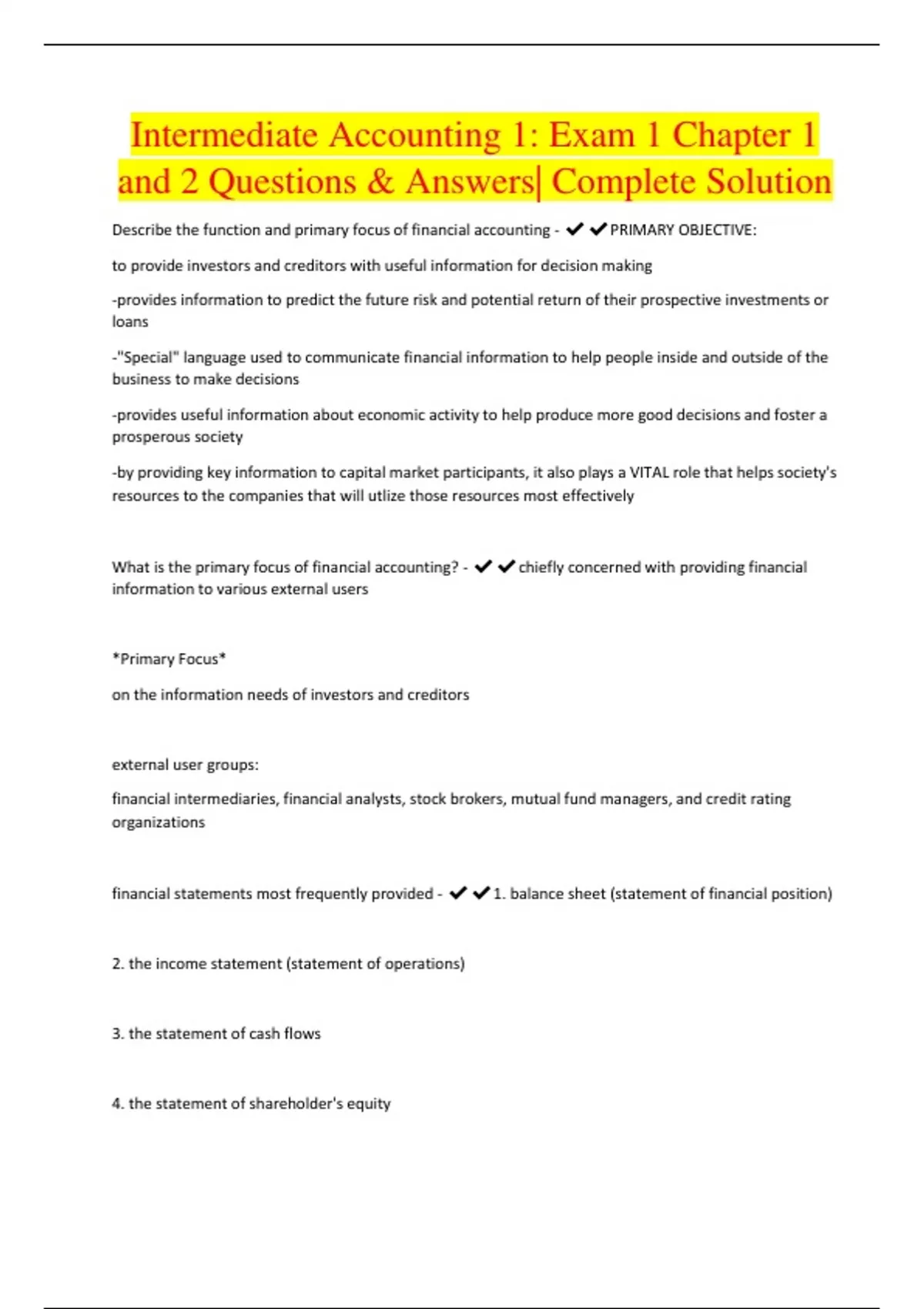 Intermediate Accounting 1: Exam 1 Chapter 1 and 2 Questions & Answers| Complete Solution ...