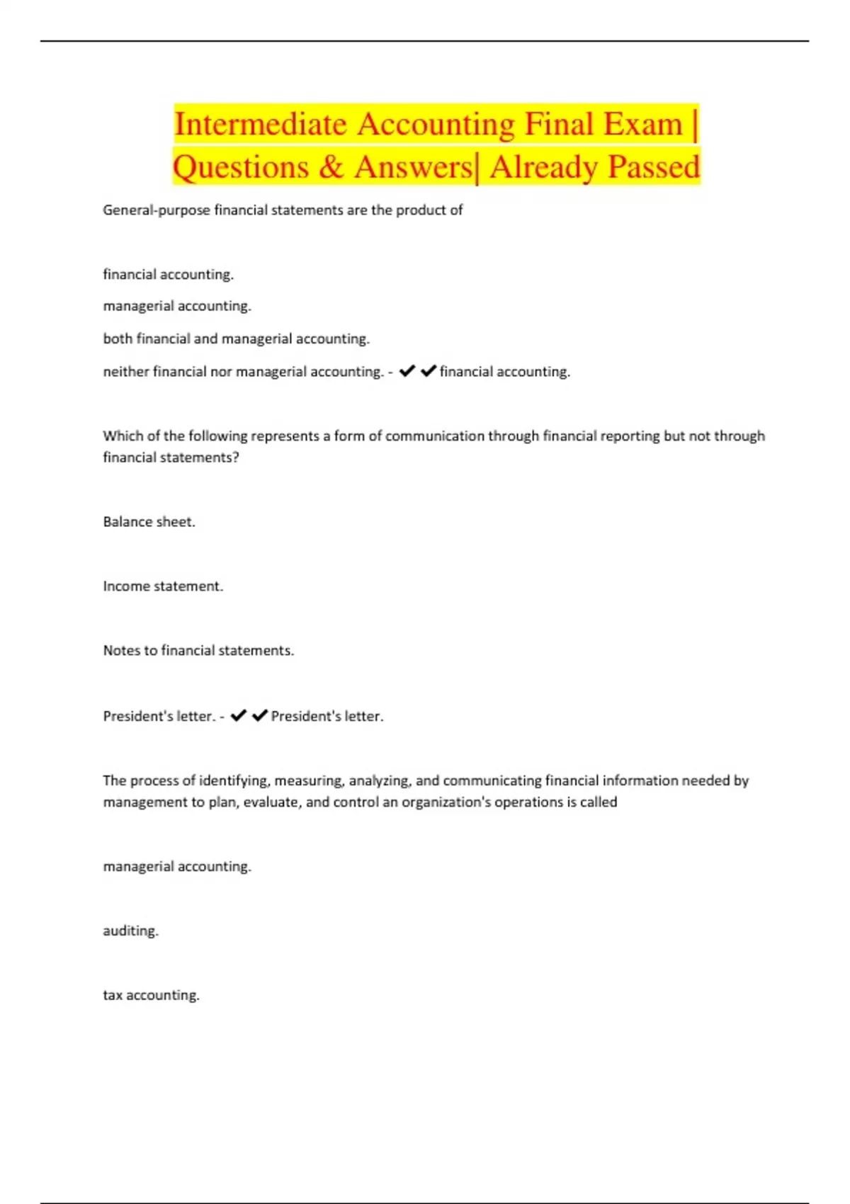 Intermediate Accounting Final Exam | Questions & Answers| Already ...