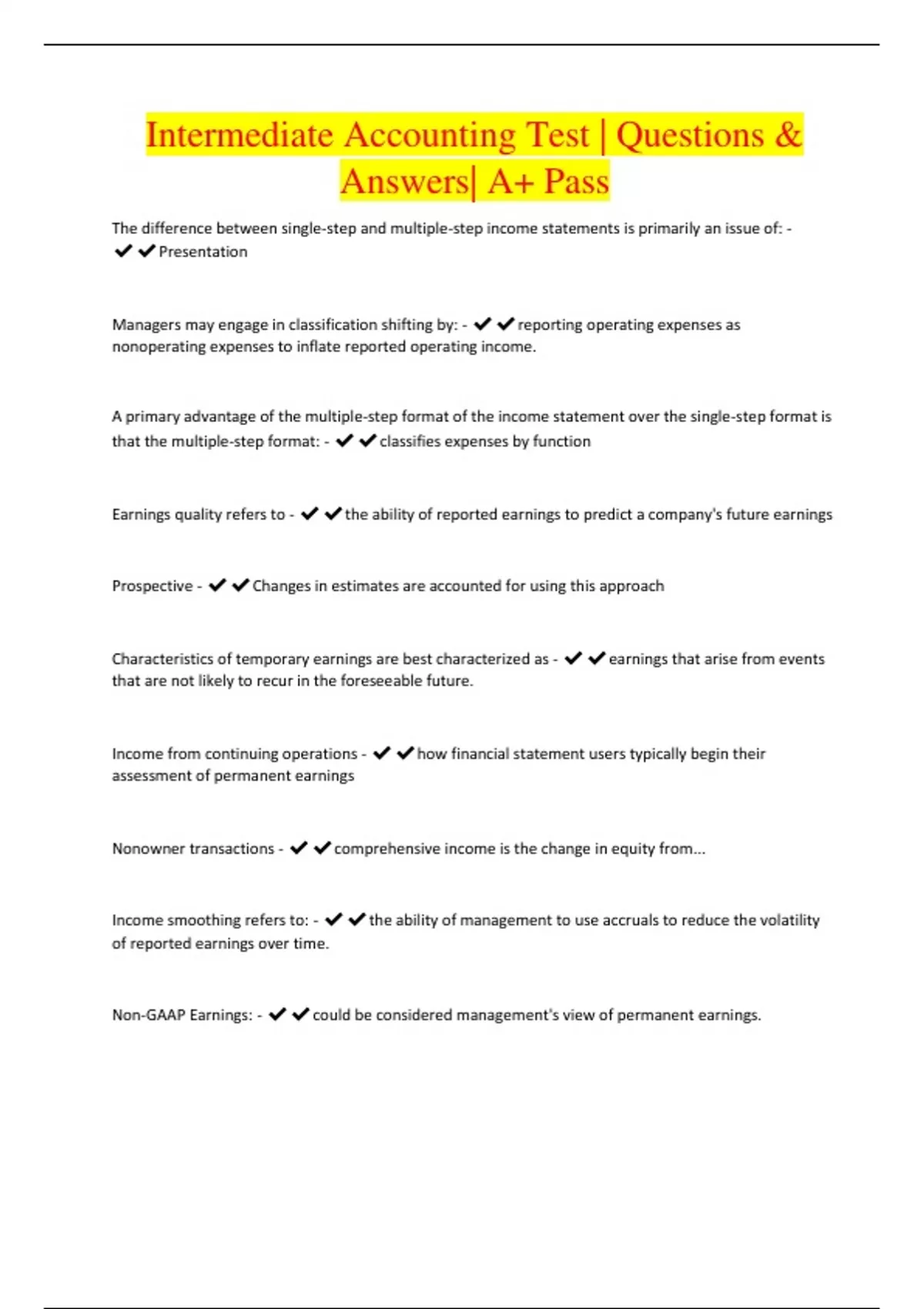 Intermediate Accounting Test Questions And Answers A Pass Intermediate Accounting Stuvia Us