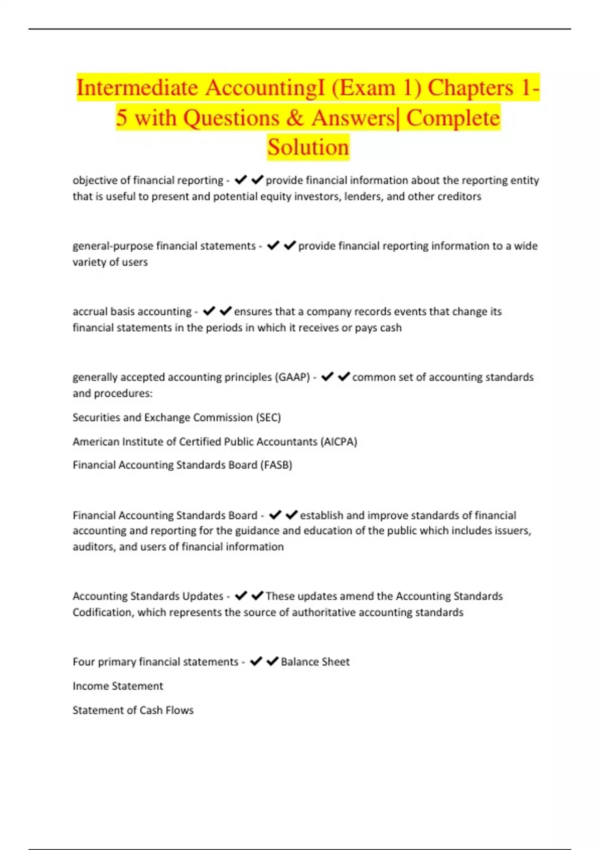 Intermediate AccountingI (Exam 1) Chapters 1- 5 with Questions & Answers| Complete Solution ...