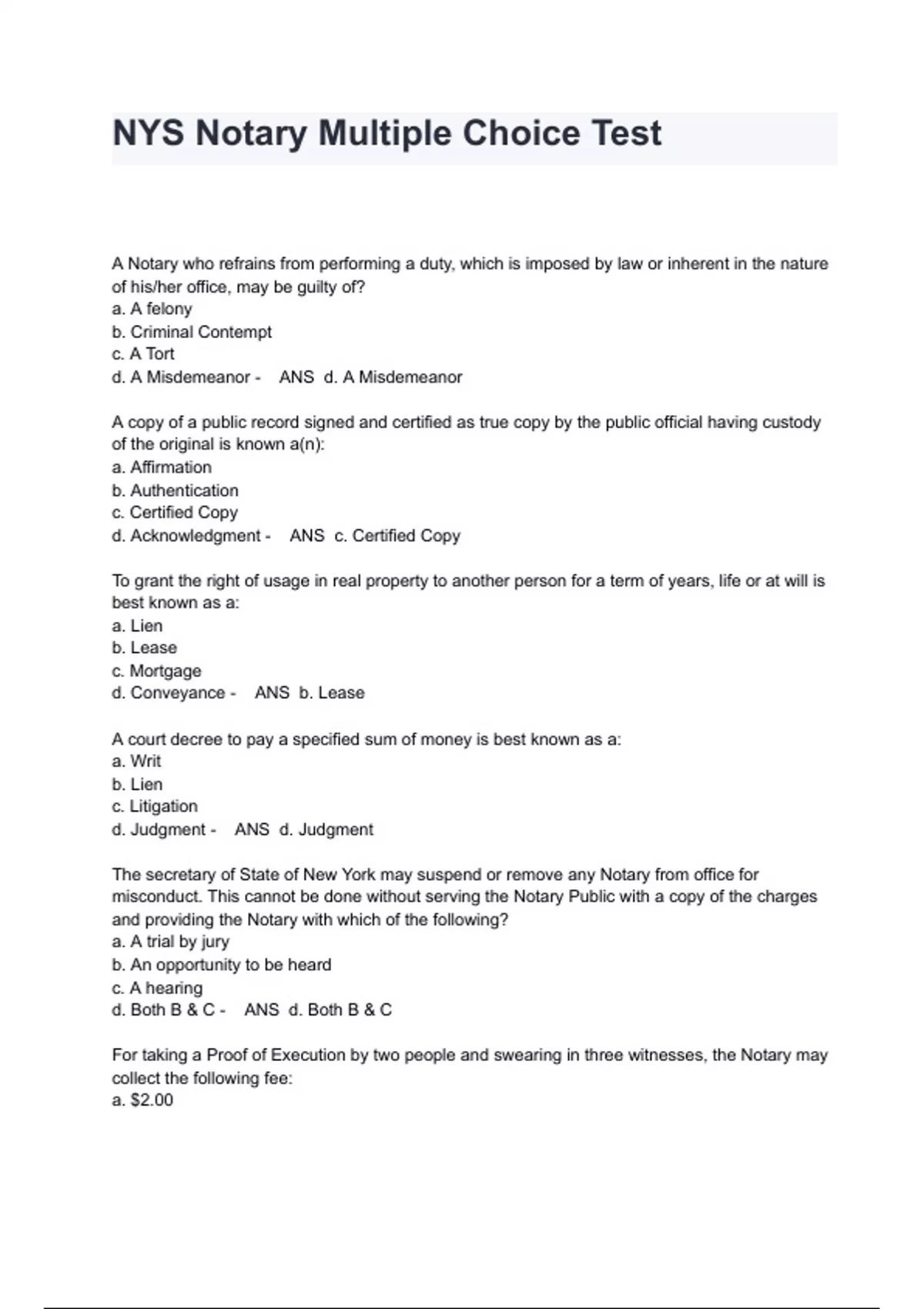 NYS Notary Multiple Choice Test 2024 - Nys notary - Stuvia US